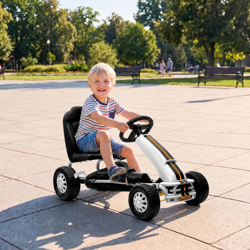 AIYAPLAY Go-Kart pro děti od 3 let s nastavitelným sedadlem, volantem, ruční brzdou, hliníkovým a ocelovým rámem, nosnost 30 kg, bílý
