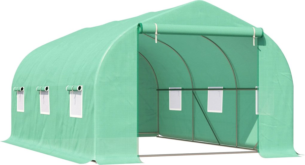 Zelený fóliový skleník Outsunny, studený rám pro pěstování rostlin, skleník s gable střechou 450 × 300 Š × 205 V cm | Aosom