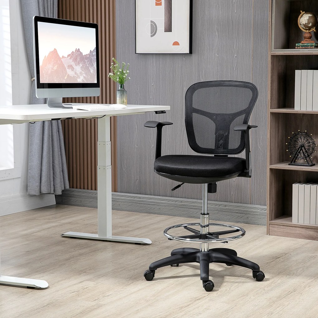 Kancelářská židle Vinsetto Ergonomická počítačová židle 95-115 cm s područkami a podnožkou Mesh Black pro kancelář a domácí kancelář |