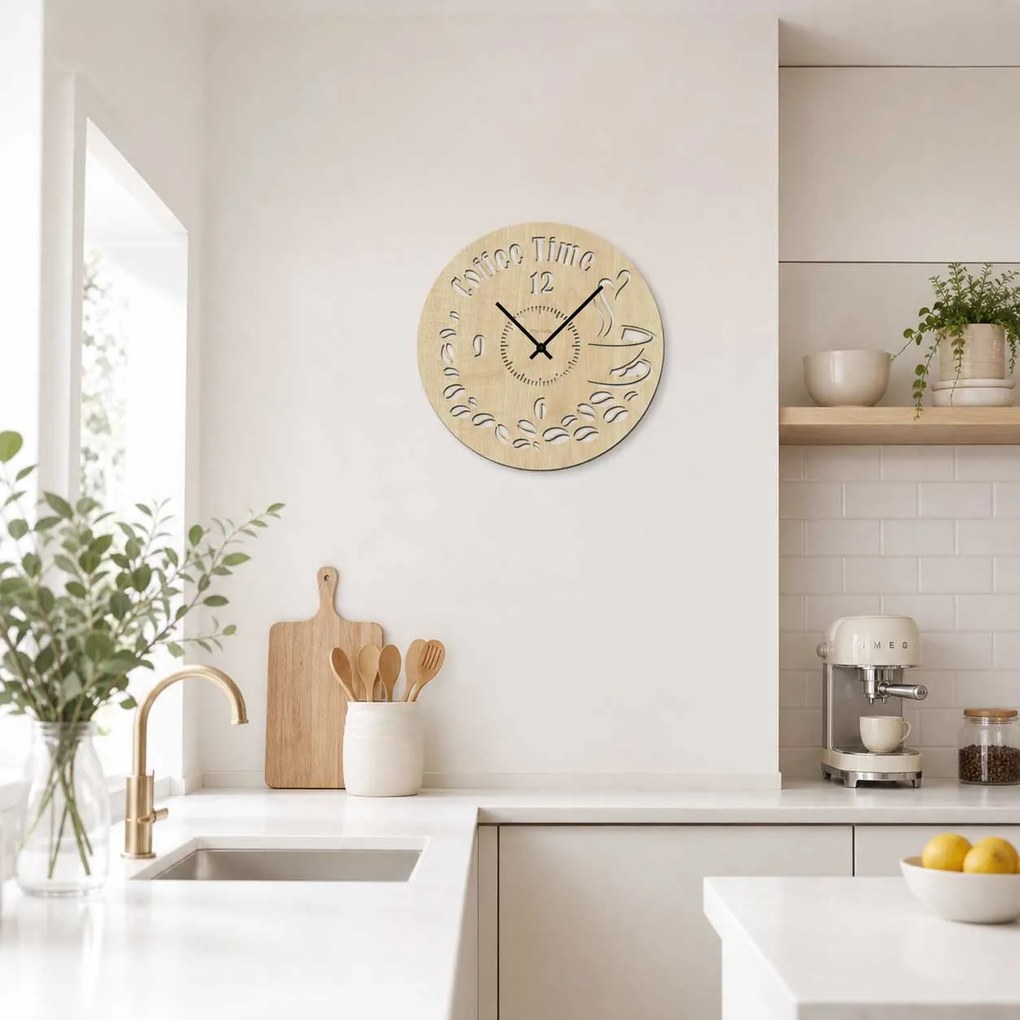 dřevo života Nástěnné hodiny COFFEE TIME Zvolte barvu dekoru: Buk, Zvolte velikost hodin (cm): 50x50