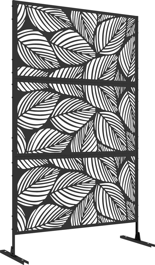 Outsunny Paraván 3-Panel 122 x 198 cm Zahradní Ochranné Zábrany, Dělicí Stěna 3-dílný Ochranný Paraván z Oceli s Listovým Vzorem pro Zahradu, Terasu,