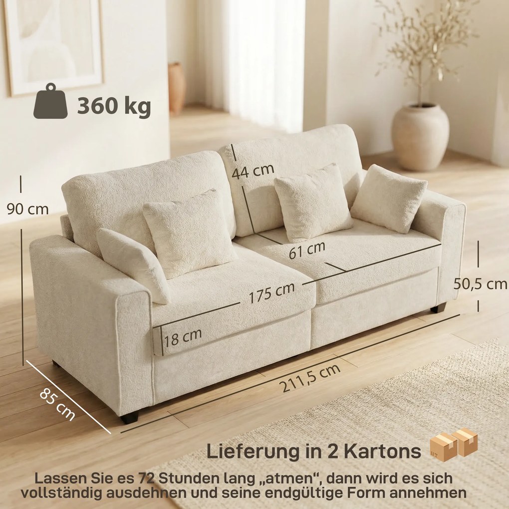 HOMCOM 3místná pohovka s hlubokým sedákem, 211,5 cm, sametový vzhled, béžová, 4 polštáře