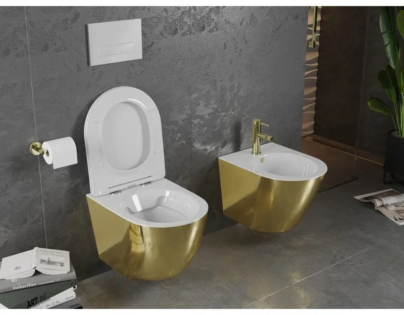 Mexen Lena WC mísa Rimless s pomalu padající deskou slim, duroplast, bílá/Zlatá- 30224006