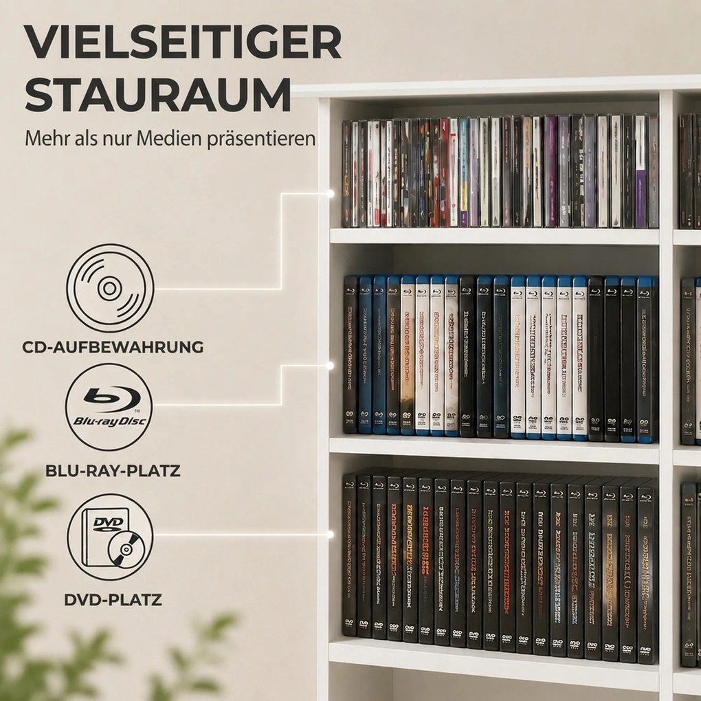HOMCOM Mediální police, 8 úrovní, DVD police s 12 nastavitelnými policemi, 16 přihrádek, pro 720 CD, bílá