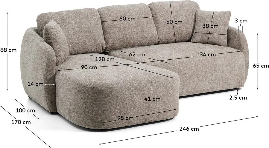 Taupe žinylková rozkládací rohová pohovka (levý roh/s lenoškou) Laira – Kave Home