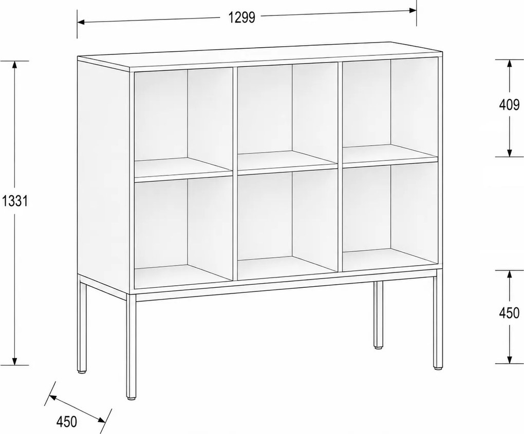 Regál FRAME, nízký, s bílou podnoží, 1299 x 450 x 1331 mm, bříza