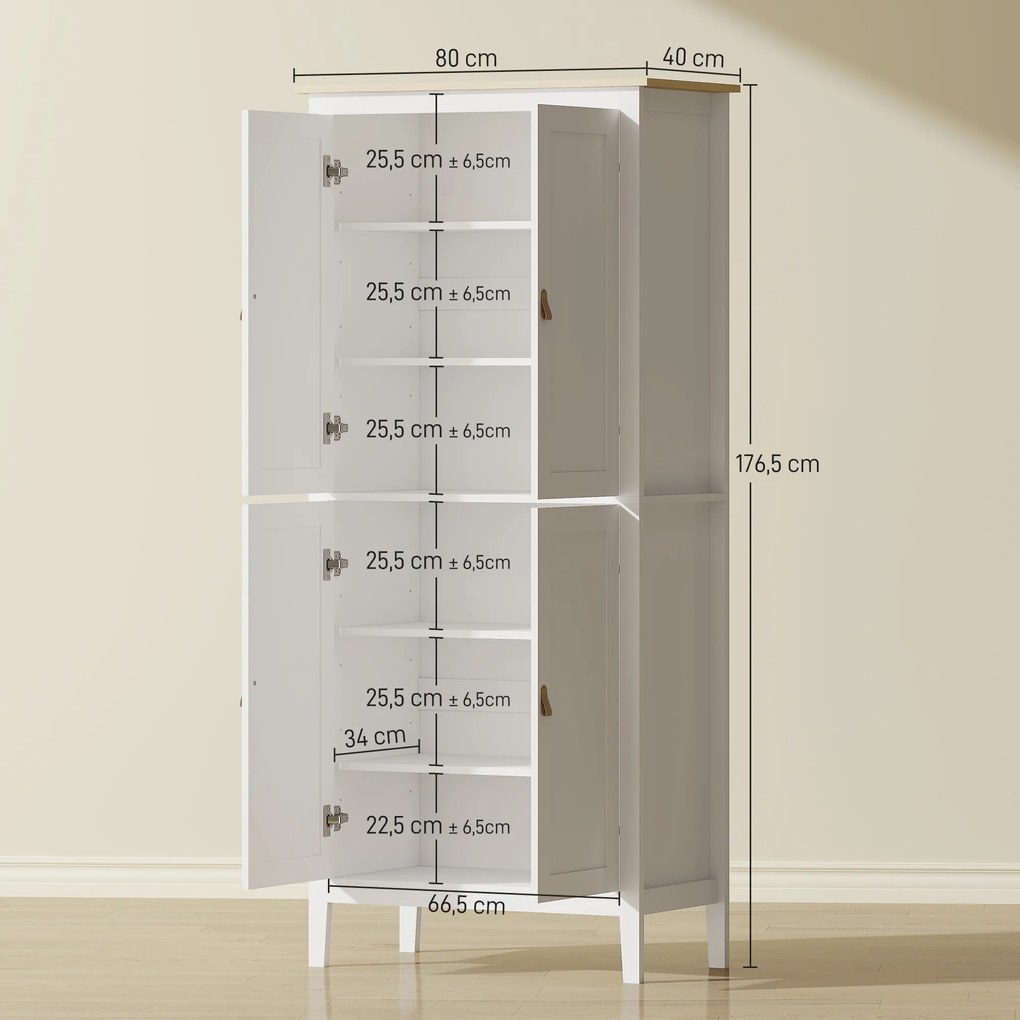 HOMCOM vysoká kuchyňská skříň 177 cm, kuchyňská skříň s LED světlem, 3barvy stmívatelně, nastavitelné police, bílá