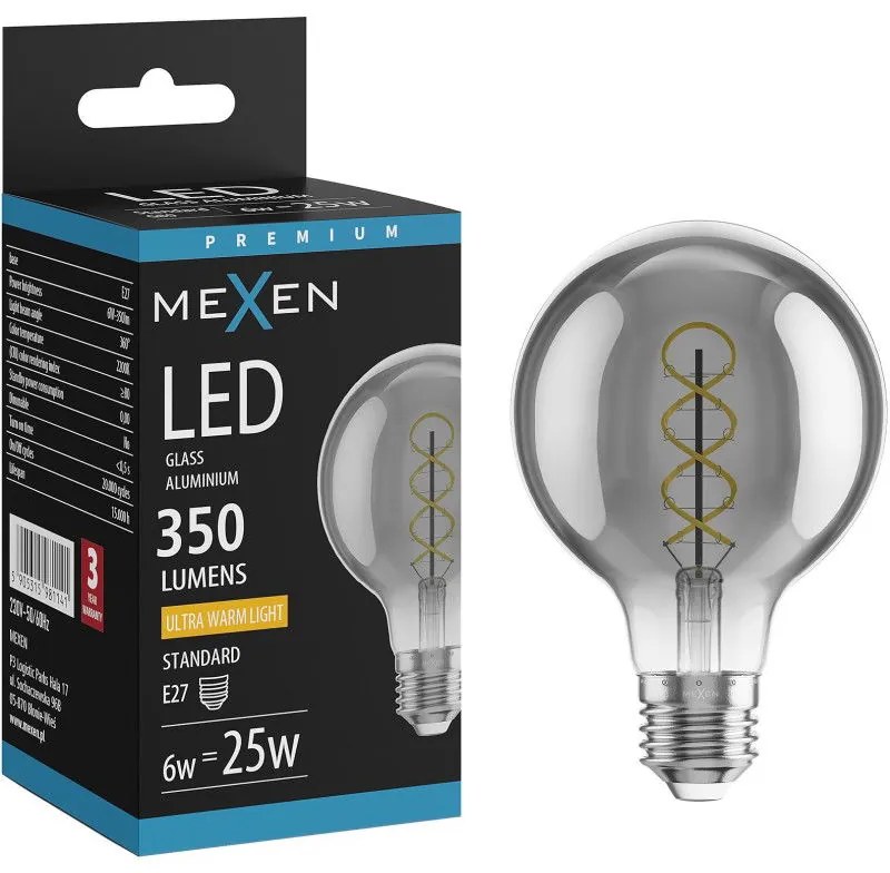 Mexen Vintis LED spirálová žárovka filament E27, G80, 6W, Teplá - 2200K, 350 lm, kouřová - L165-E27-0622-70