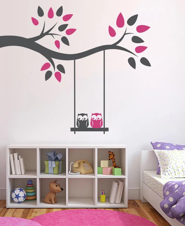 E-SAMOLEPKA™ Vícebarevná samolepka na zeď - Sovičky na větvi - Magenta/Tm. šedá - 110 barevných kombinací ve 3 velikostech