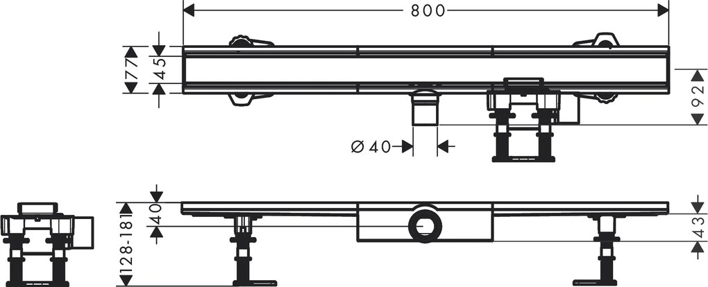 Hansgrohe RainDrain Compact, úplná sada sprchového žlabu 800 pro plochou instalaci, kartáčovaná nerezová ocel, HAN-56166800