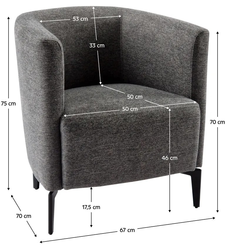 Designové křeslo KAPY látka šedá, nohy kov černý matný lak