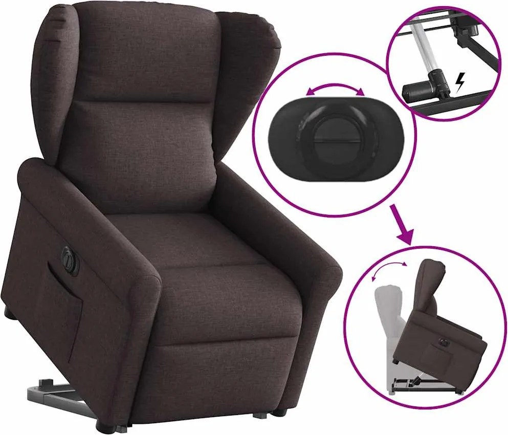 Elektrické zvedací polohovací křeslo tmavě hnědé textil 3303399