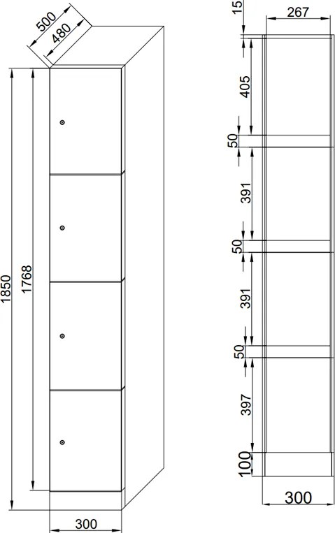 Šatní skříňka S1 s úložnými boxy, 4 boxy, 1850 x 300 x 500 mm, otočný zámek, laminované dveře, bříza