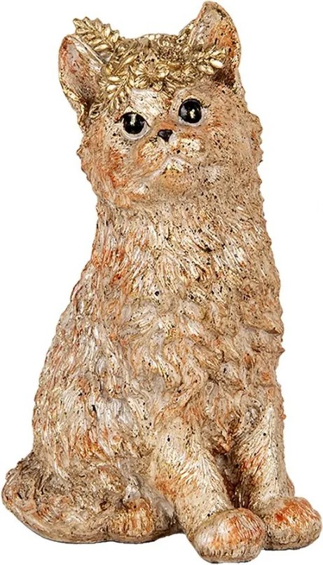 Dekorace béžová kočka se zlatou patinou a květinou - 16*14*25 cm