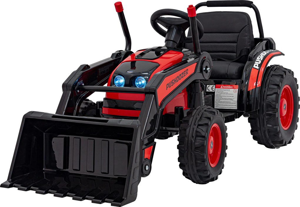 Ramiz Dětský bagr-traktor na baterie červený + pohyblivé rameno s lžící + dálkové ovládání + pomalý start + FM rádio + LED