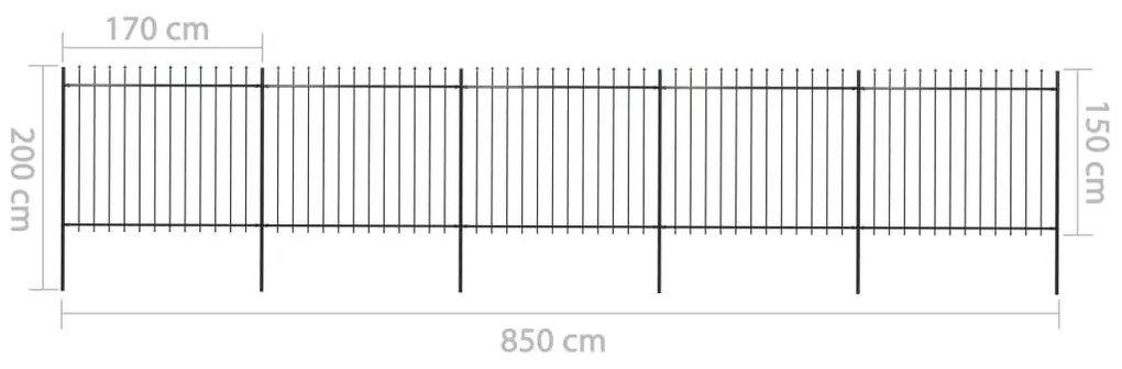 vidaXL Marketos Zahradní plot s kopím nahoře ocelový 838 x 150 cm černý