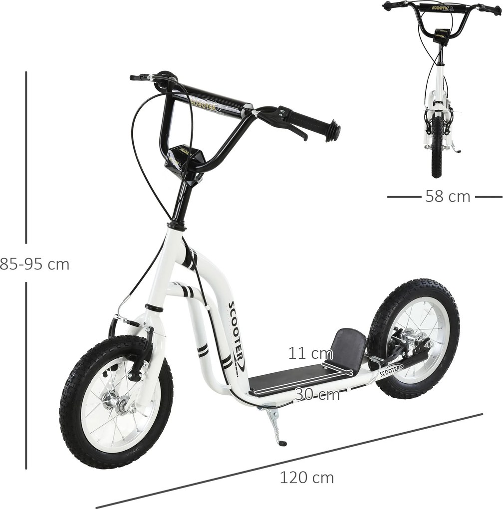 HOMCOM Dětská koloběžka Koloběžka od 5 let, dětská koloběžka Šlapací koloběžka Městská koloběžka s pneumatikami 12 palců, hliníková guma, bílá| Aosom
