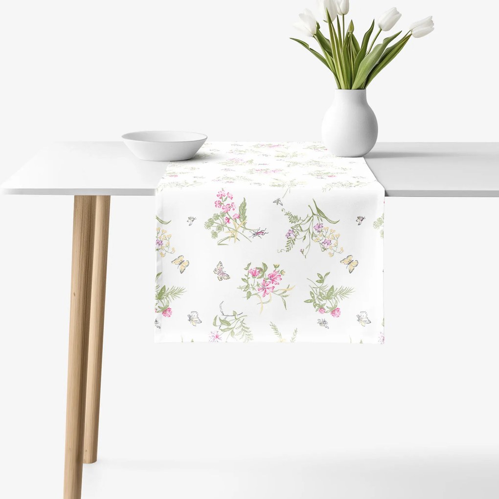 Goldea běhoun na stůl 100% bavlněné plátno - barevné luční květiny na bílém 35x140 cm