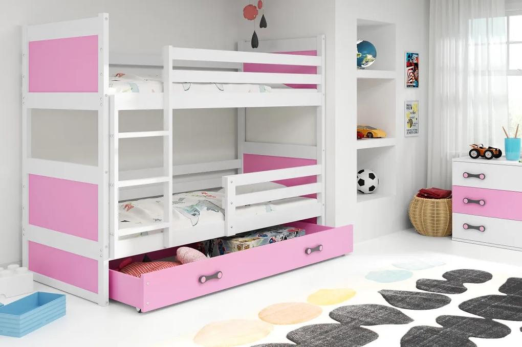 BMS Group Dětská patrová postel Rico - Bílá/růžová 190x80