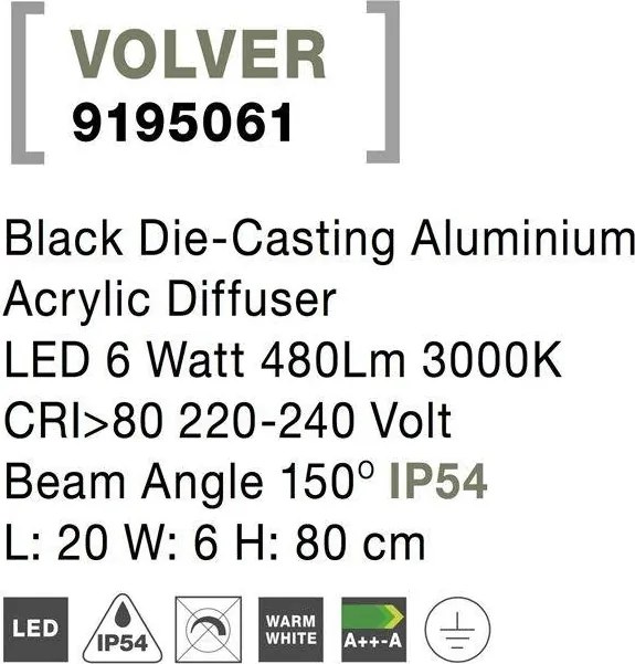 NV 9195061 Venkovní sloupkové svítidlo VOLVER černý litý hliník akrylový difuzor LED 7W 3000K 220-240V 150st. IP54 - NOVA LUCE