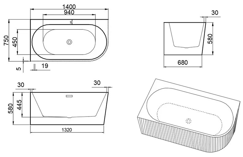 BPS-koupelny Volně stojící rohová akrylátová vana HYD-RIO504A levá 140x75 bílá, odtokový komplet černý