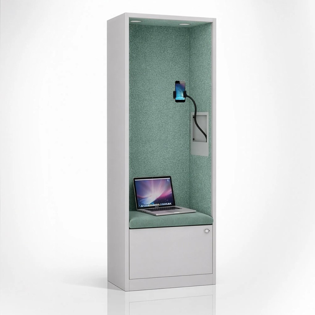 Skříň se sedákem a zónou ticha SALLY MentalBox, šedá konstrukce, zelený sedák, 1850 x 600 x 400 mm