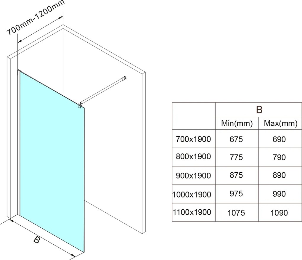 Aqualine Walk-in 110 x 190 cm zástěna jednodílná WI110 Koupelny Bernold