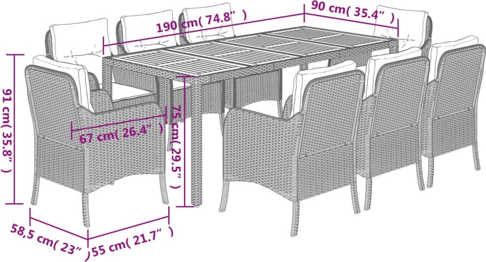 9dílný zahradní jídelní set s poduškami černý polyratan 3211871