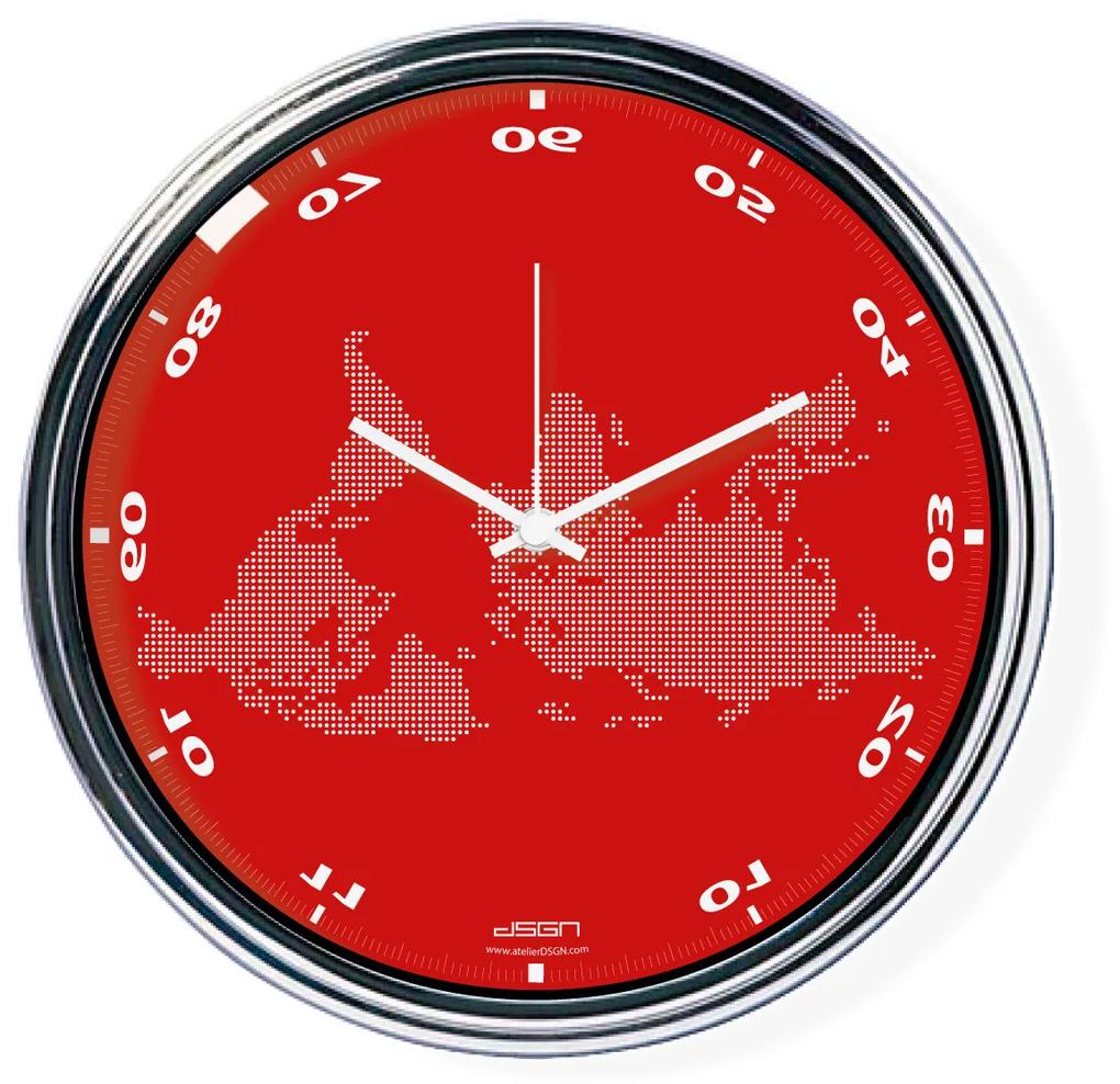 Červené vodorovně zrcadlené hodiny s mapou (32 cm)