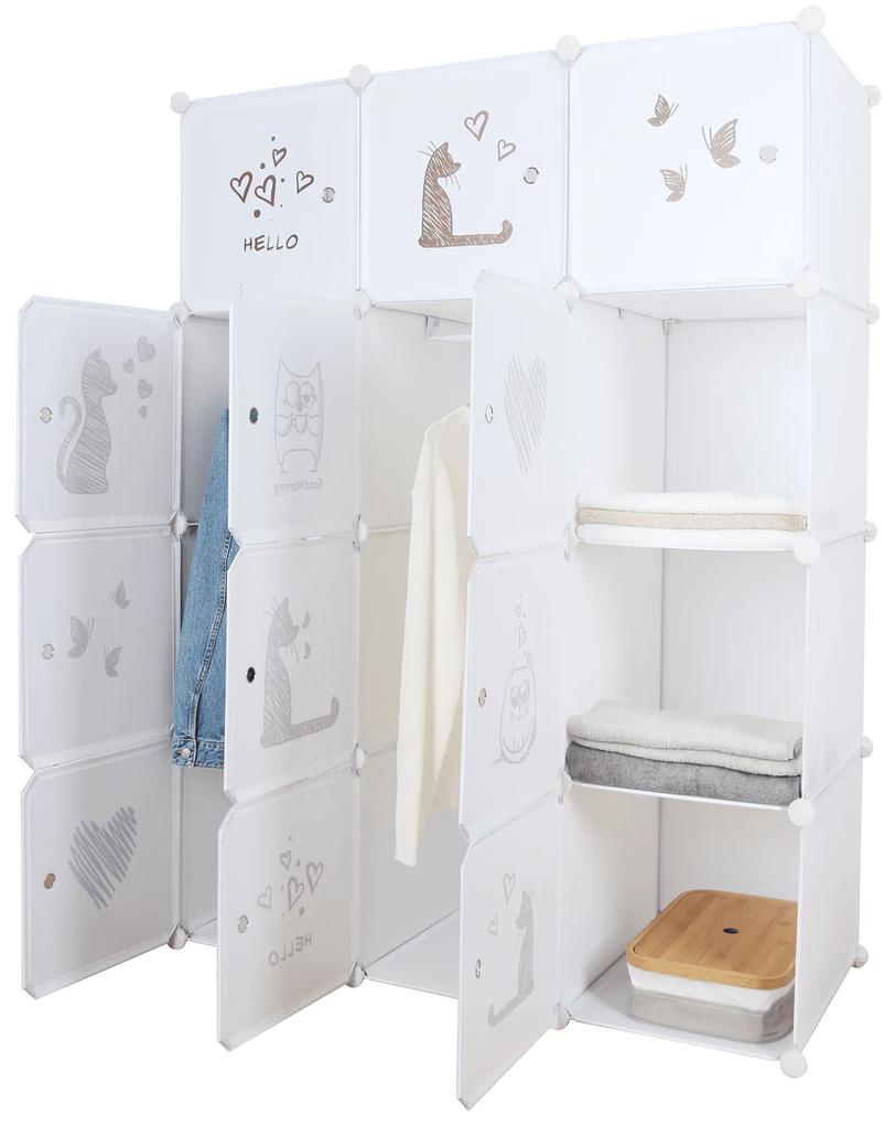 Dětská modulární skříň KITARO kov a plast, bílá a hnědý dětský vzor