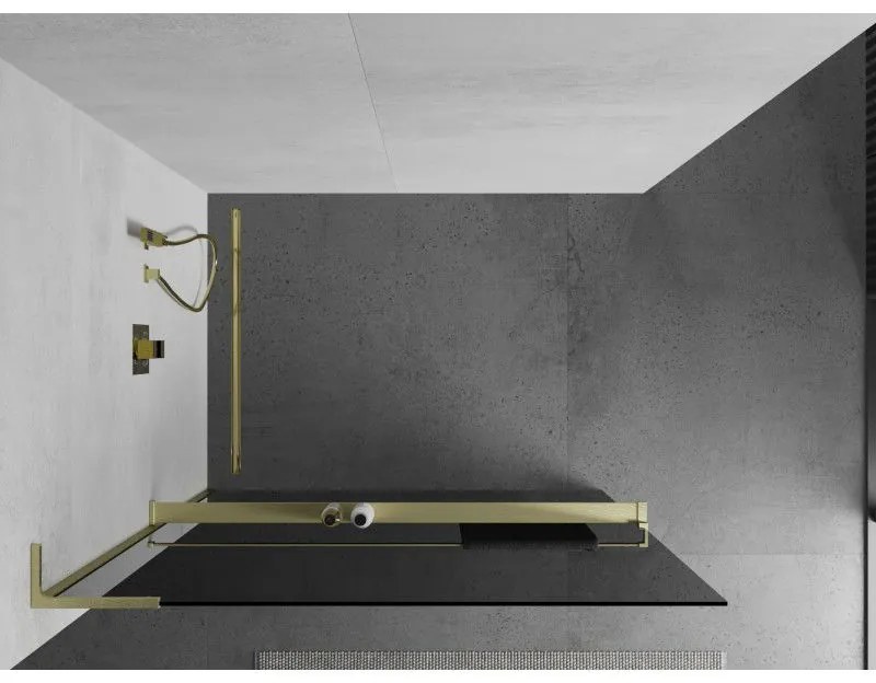 Mexen Kioto+ L, sprchová zástěna Walk-In s poličkou a věšákem 80 x 200 cm, 8mm šedé sklo, zlatý matný profil, 800-080-123-55-40