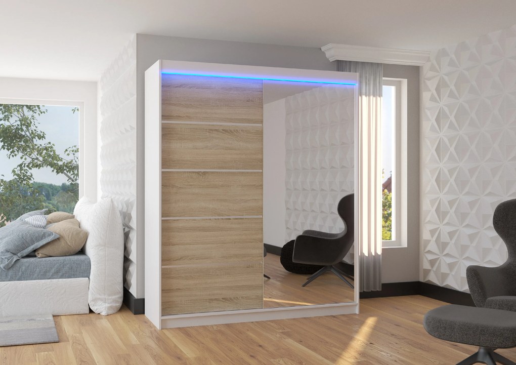 ADRK Furniture Posuvná skříň se zrcadlem a LED osvětlením CARO 180 SW-CAR-W+S-180+L-V321