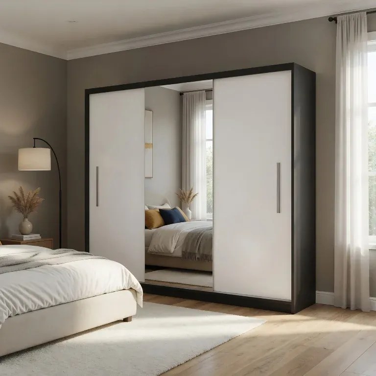 Šatní skříň s posuvnými dveřmi 232 cm se zrcadlem bílá matná  MES PRIMO SZP4/2/1B/2W1L/0/AL