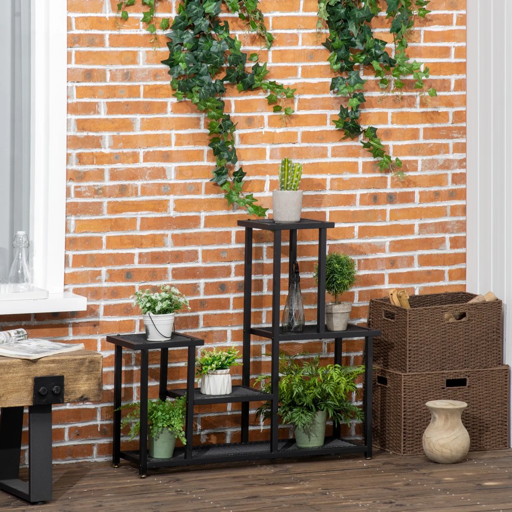 Outsunny stojan na květiny se 4 úrovněmi Vícepatrový stojan na květiny, stojan na květiny na zahradu, balkon, kov, černý, 91x25x83cm| Aosom
