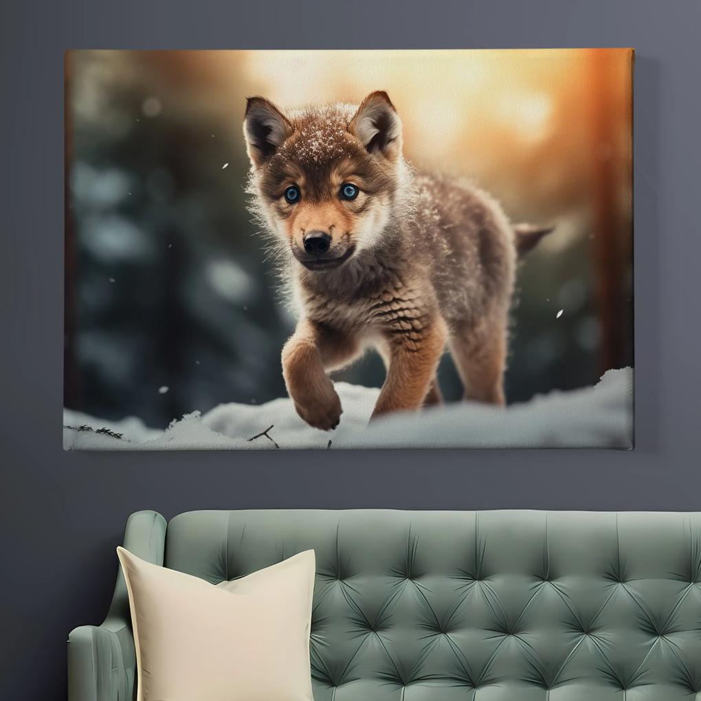 Obraz na plátně - Malé vlče objevuje zimní les FeelHappy.cz Velikost obrazu: 120 x 80 cm