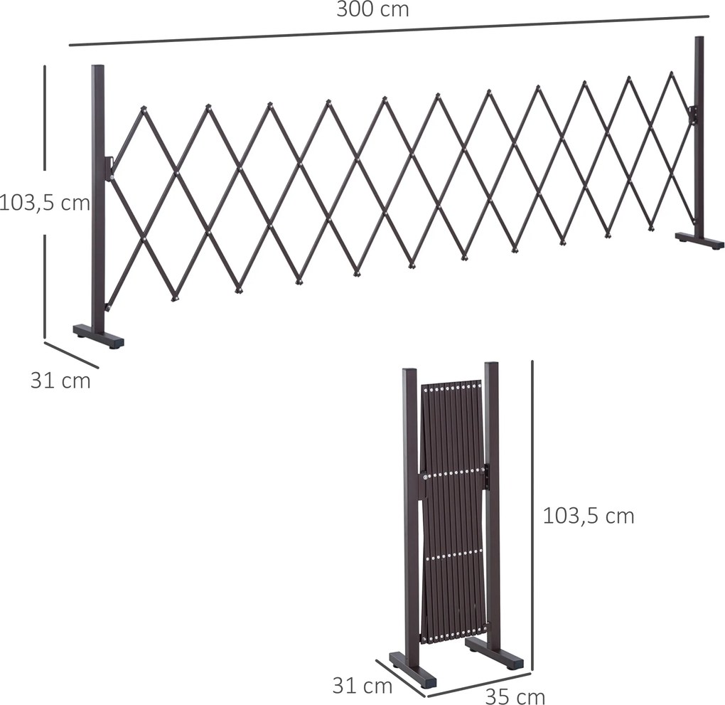 Outsunny nůžková mřížová brána, výsuvná 35-300 cm, ideální pro zahradu, hliník, hnědá, H103,5 cm