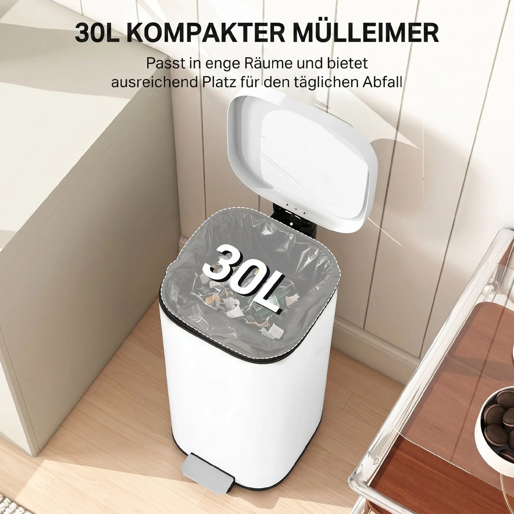 HOMCOM 30 l kuchyňský odpadkový koš s víkem — pedálový s tichým dovíráním a vyjímatelným vnitřním kbelíkem, odolný proti otiskům — bílý