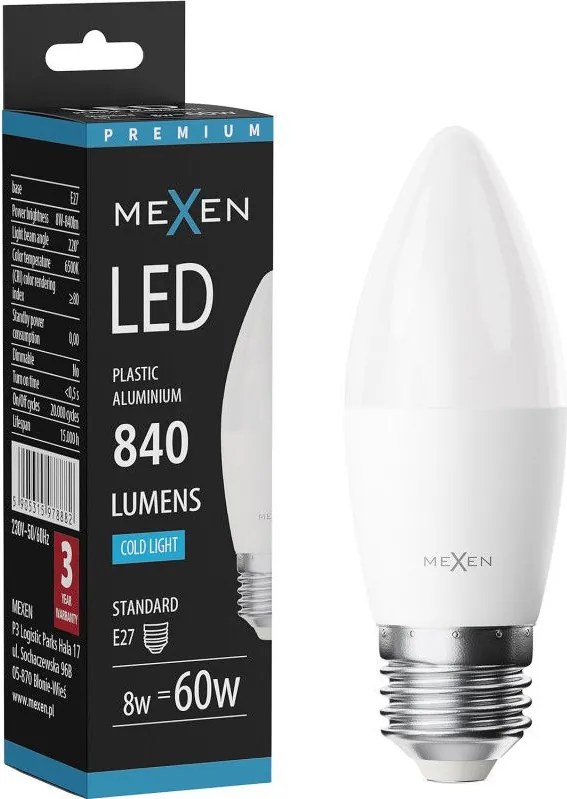 Mexen Nova, LED žárovka E27, C37, 8W, Neutrální - 4000K, 840 lm - L102-E27-0840-01