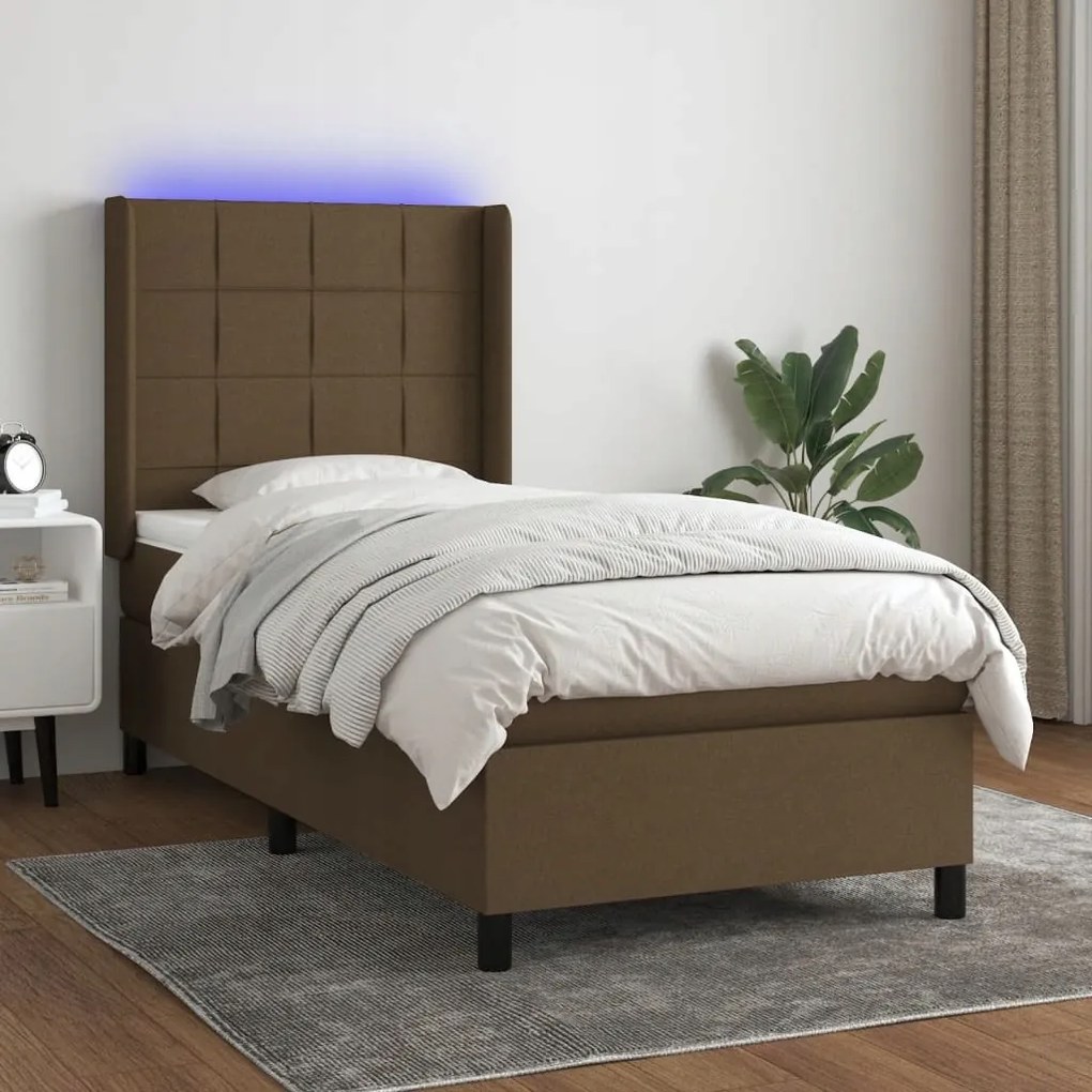 Box Spring Postel S Matrací A Led Textil Tmavě Hnědá Blok se čtverci 90 x