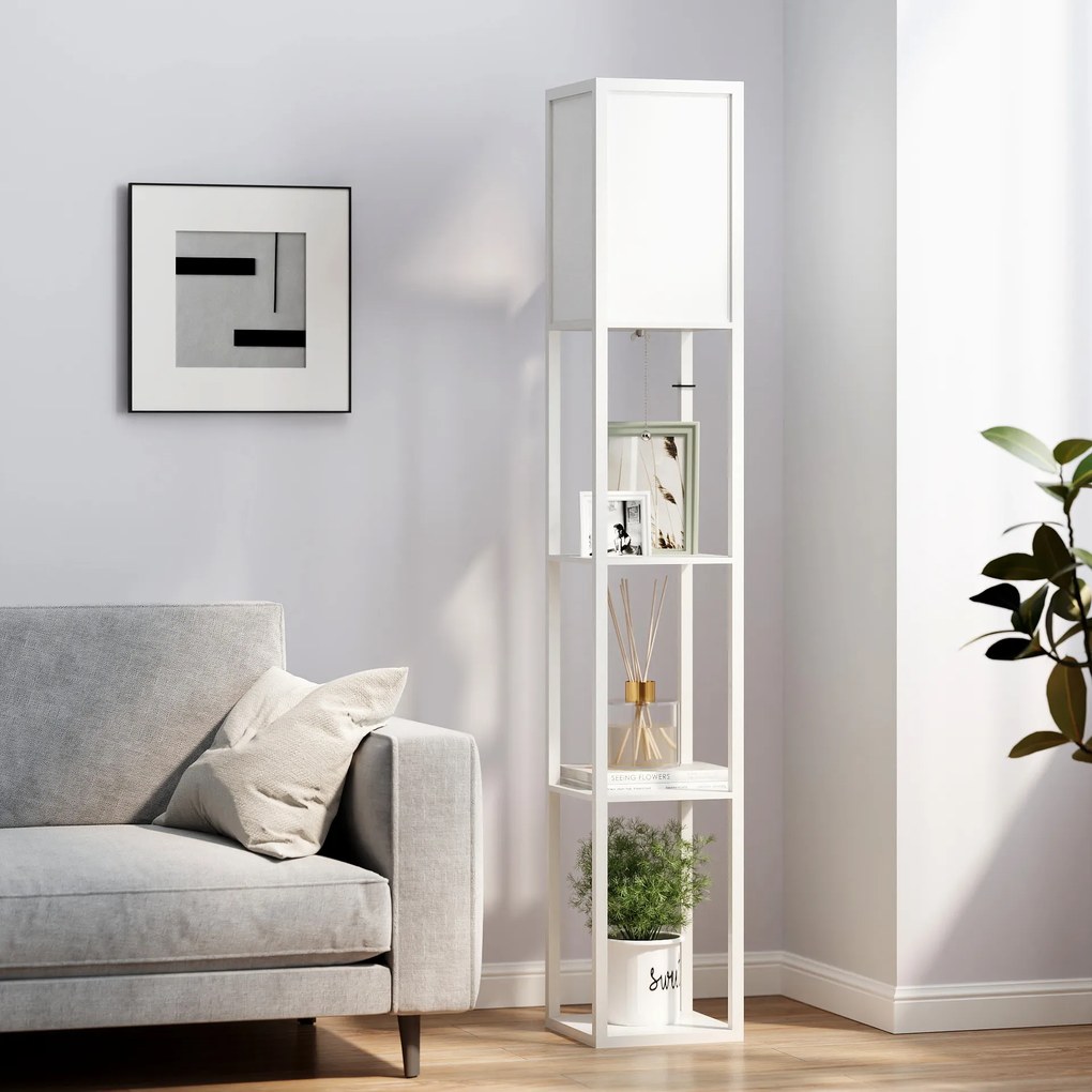 HOMCOM Stojací lampa elegantní stojací lampa se 3 policemi E27 do 40W pro obývací pokoj a ložnici E1 MDF akryl bílá 26x26x160cm | Aosom.de