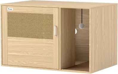 PawHut nábytek na kočičí záchod s ratanovými dveřmi a škrabací podložkou – příruční stolek 80 × 50 × 50 cm, dub