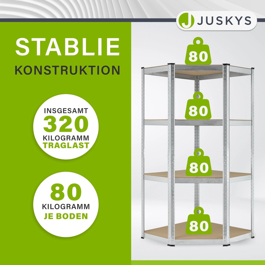 Juskys Rohový kovový regál Corner Easy 160 × 75 × 40–75 cm Barva: stříbrná