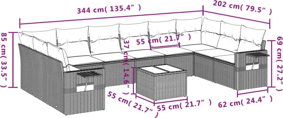 11dílná zahradní sedací souprava s poduškami šedá polyratan 3253017