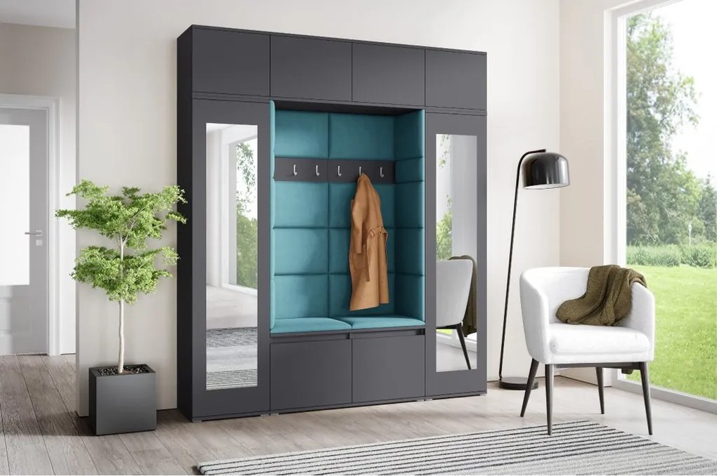 Eka Předsíňová stěna s čalouněnými panely Trinity 32 - Grafit / Azurová 2313