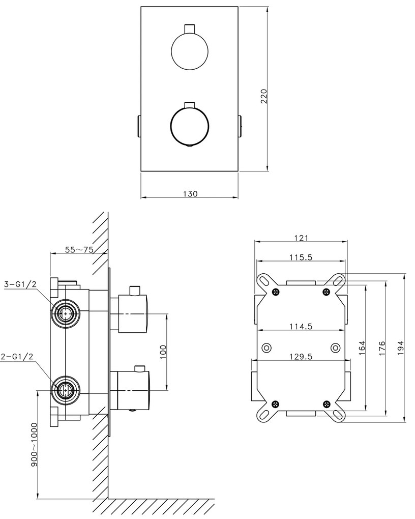 Sapho KIMURA podomítková sprchová termostatická baterie, box, 3 výstupy, chrom - KU383