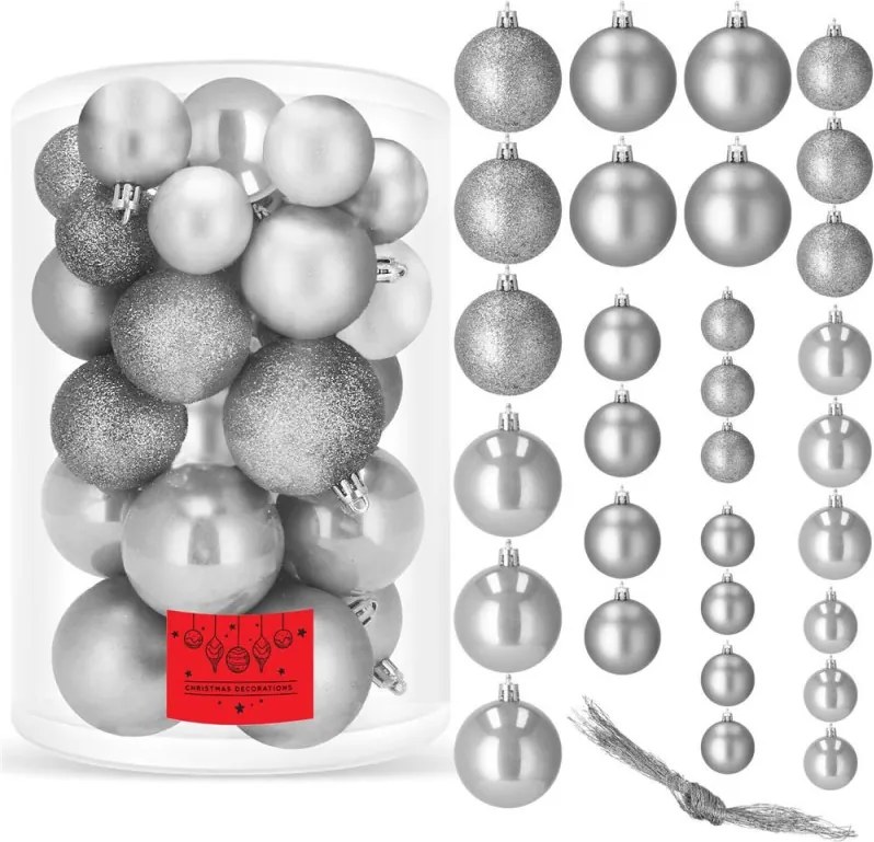 Vánoční baňky stříbrno-šedé mix - 4/5/6cm, sada 30ks