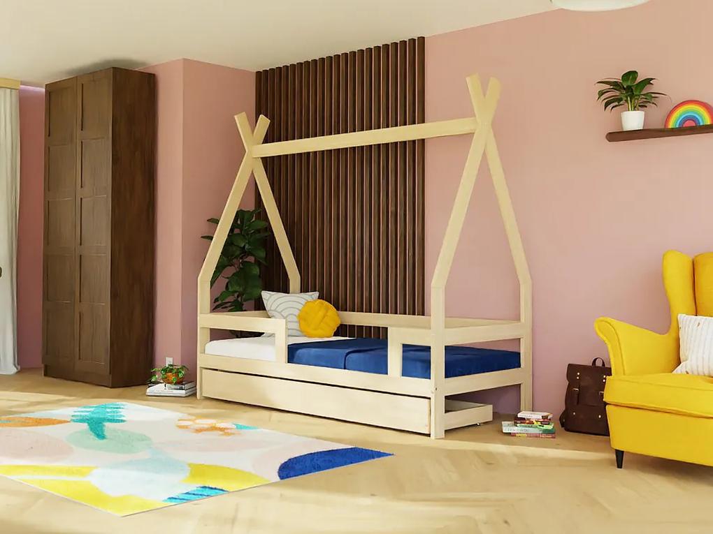 Benlemi Dětská dřevěná postel SAFE 5v1 ve tvaru teepee se zábranou a úložným šuplíkem Zvolte barvu: Béžová, Zvolte rozměr: 90x160 cm, Zvolte zábranu: Se dvěma zábranami