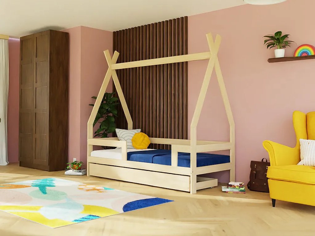 Benlemi Dětská dřevěná postel SAFE 5v1 ve tvaru teepee se zábranou a úložným šuplíkem Zvolte barvu: Šalvějová zelená, Zvolte rozměr: 90x180 cm, Zvolte zábranu: Se dvěma zábranami