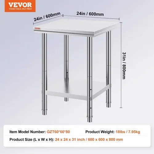 Pracovní stůl 61 × 61 × 81,3 cm z nerezové oceli NSF pro na přípravu komerčních