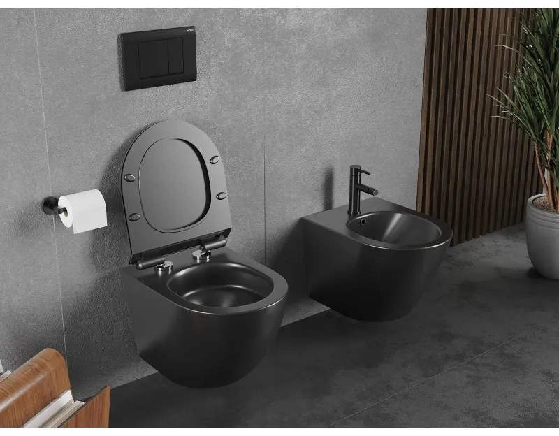 Mexen Lena, závěsná WC mísa 490x360x340 mm, Rimless Tornádo + WC sedátko z duroplastu, černá matná, 30220185T